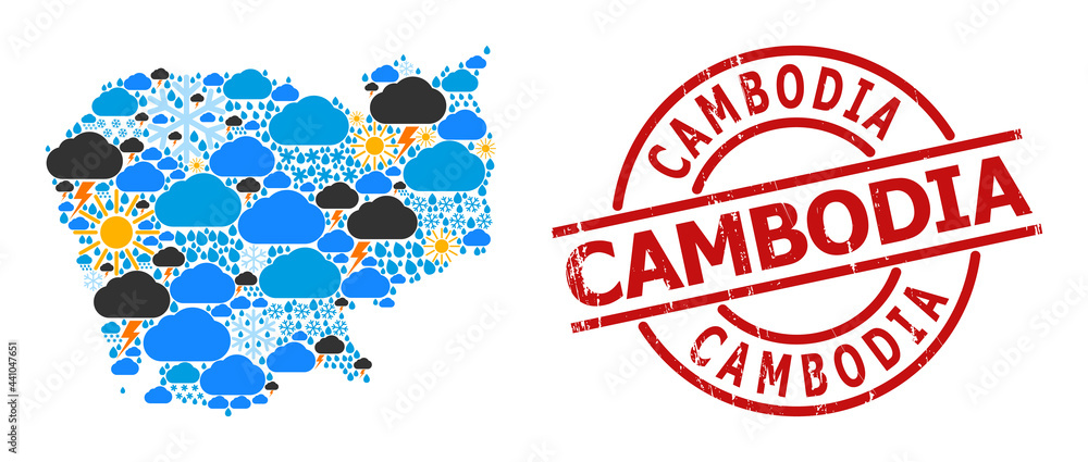 Weather pattern map of Cambodia, and scratched red round seal ...
