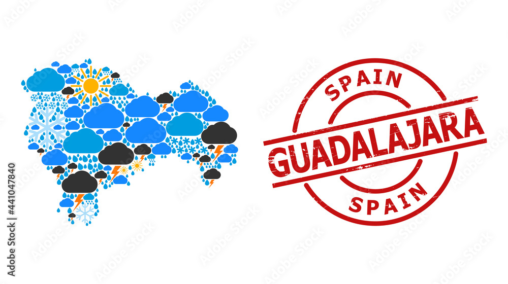 Climate collage map of Guadalajara Province, and scratched red round ...