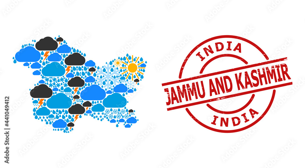 Climate collage map of Jammu and Kashmir State, and textured red round ...