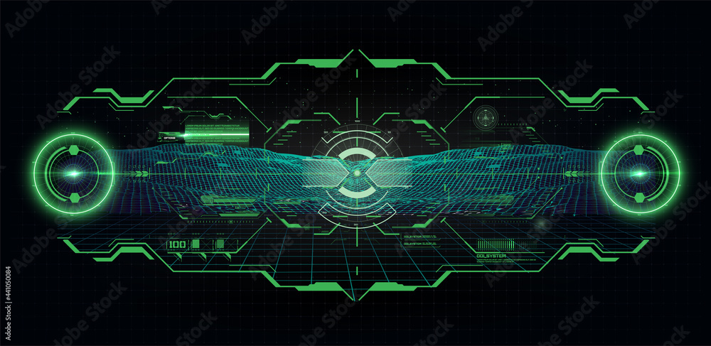 Futuristic helmet or cockpit view in HUD, FUI style. Luminous visual ...