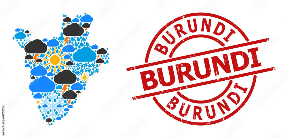 Climate collage map of Burundi, and textured red round seal. Geographic ...