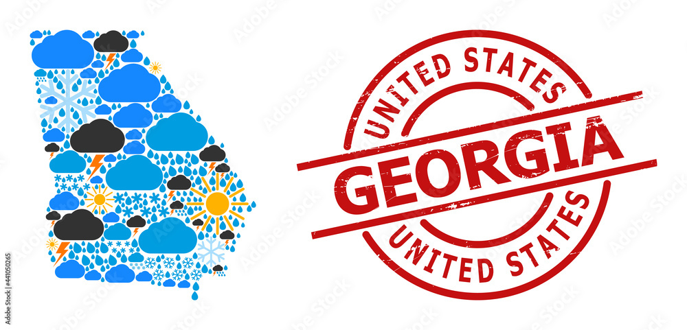 Climate collage map of Georgia State, and scratched red round seal ...