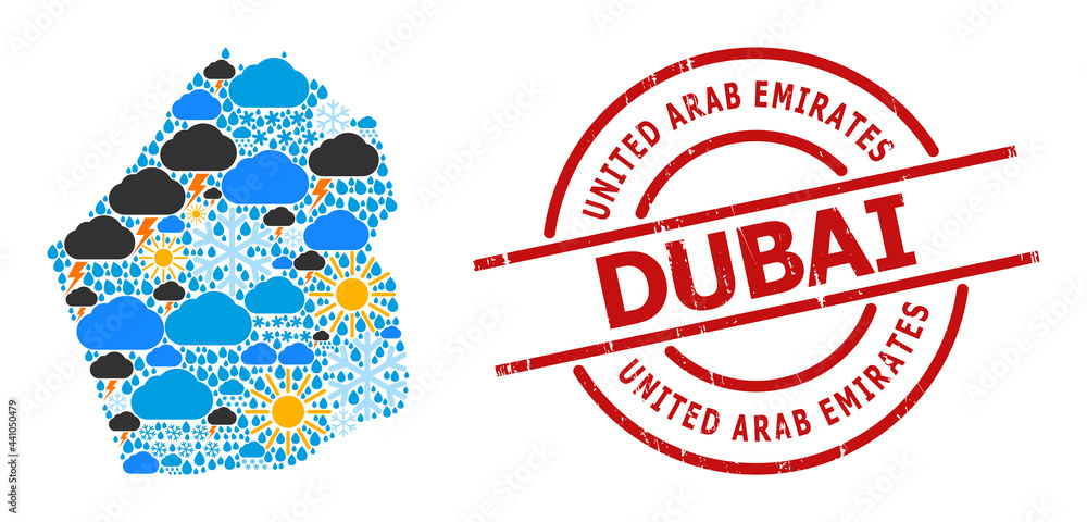 Weather collage map of Dubai Emirate, and scratched red round stamp ...
