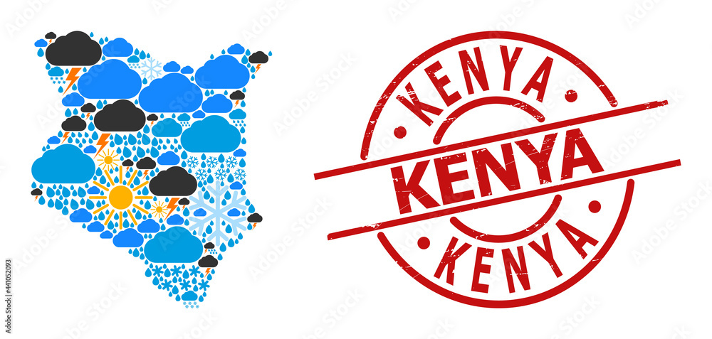 Climate collage map of Kenya, and textured red round badge. Geographic ...