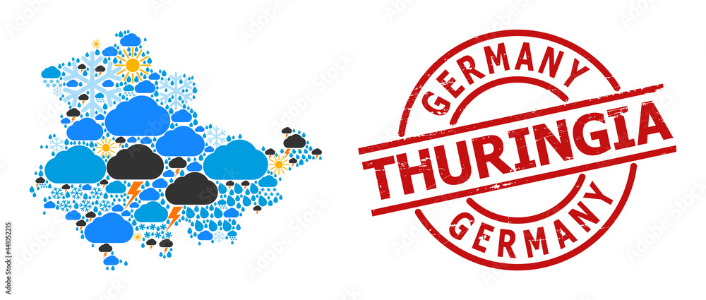 Climate collage map of Thuringia State, and scratched red round badge ...