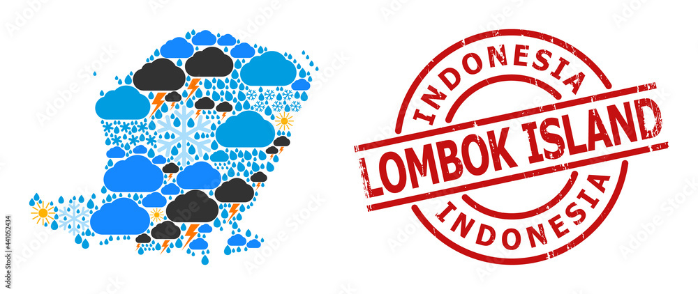 Climate pattern map of Lombok Island, and grunge red round badge ...