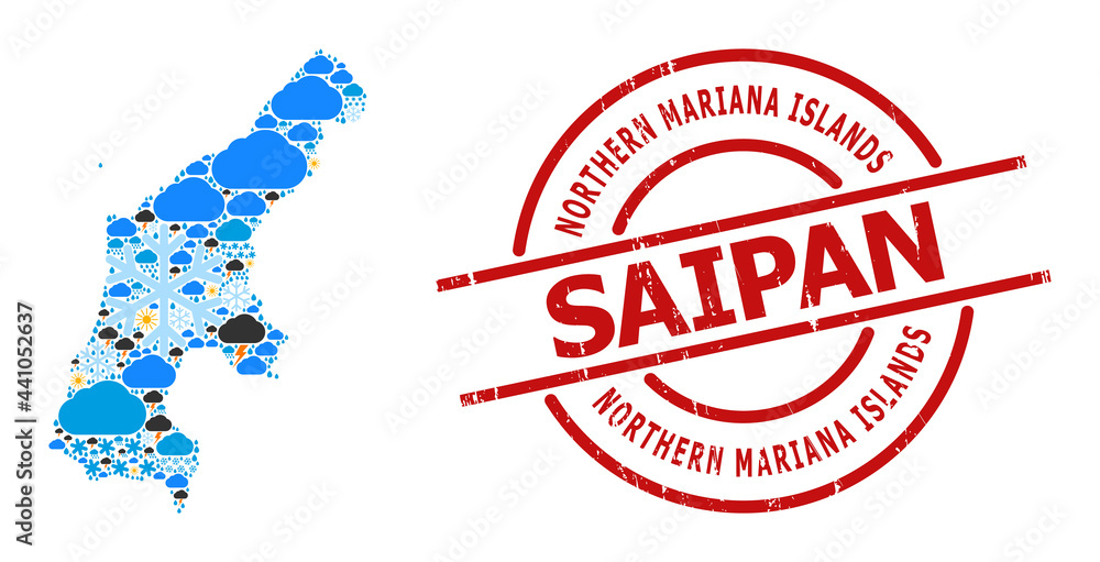 Weather pattern map of Saipan Island, and distress red round stamp ...