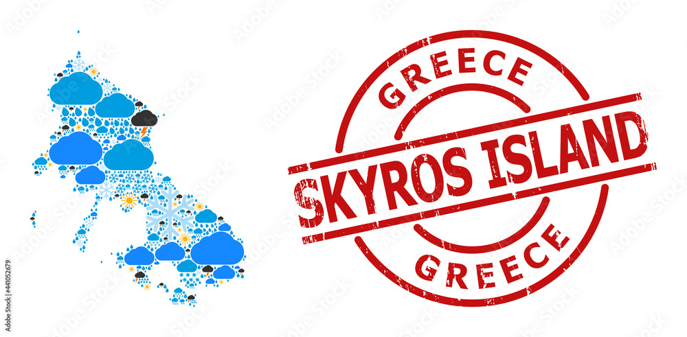 Climate pattern map of Skyros Island, and rubber red round badge ...