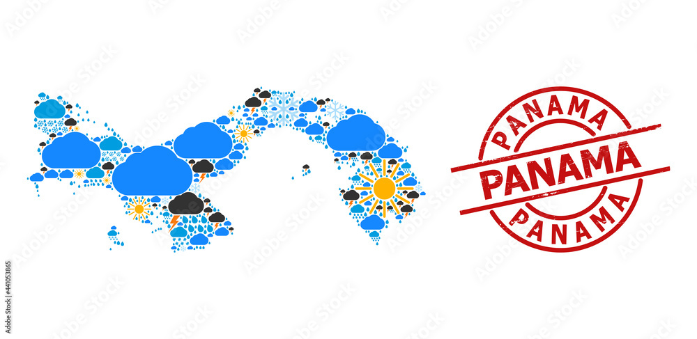 Weather collage map of Panama, and distress red round stamp seal ...