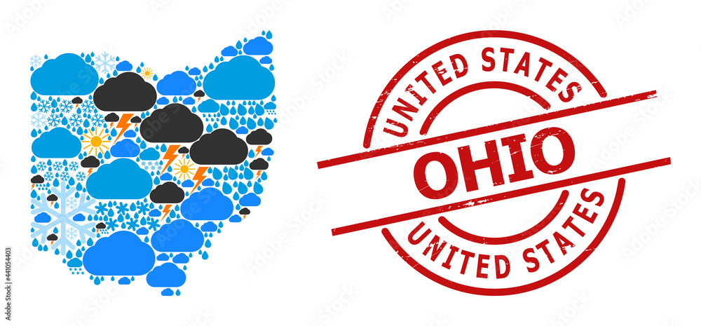 Weather collage map of Ohio State, and grunge red round seal ...