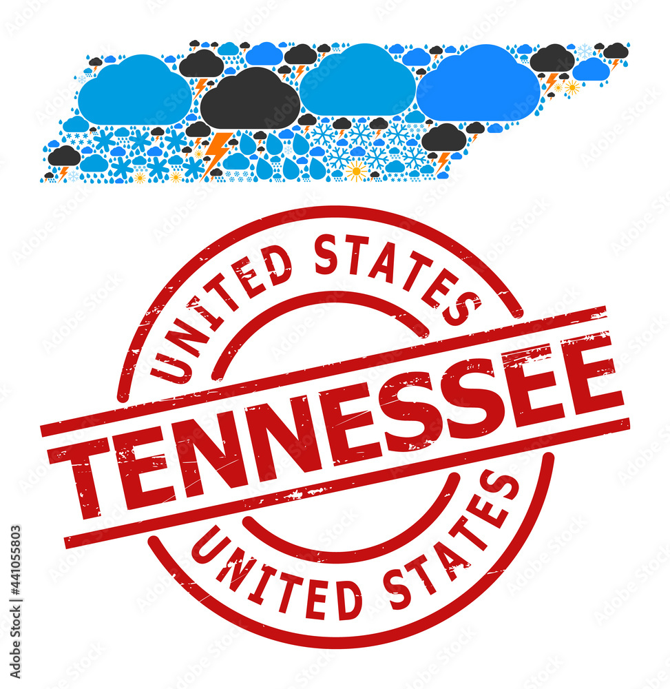 Weather mosaic map of Tennessee State, and rubber red round stamp ...