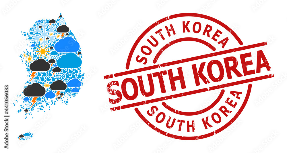 Climate pattern map of South Korea, and textured red round badge ...