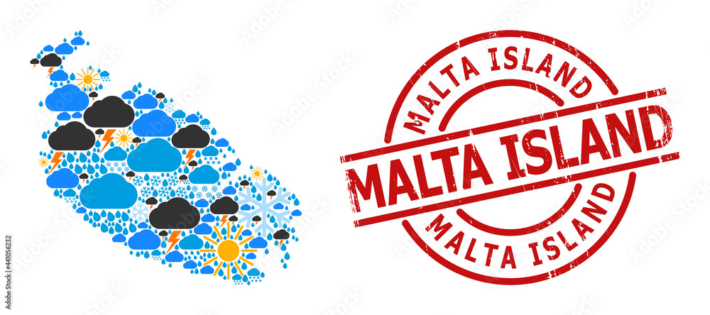 Climate pattern map of Malta Island, and distress red round stamp seal ...
