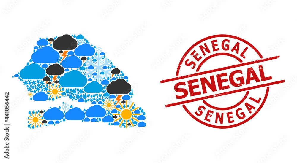 Climate mosaic map of Senegal, and distress red round stamp. Geographic ...