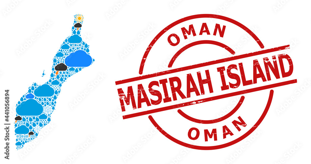 Climate collage map of Masirah Island, and rubber red round badge ...