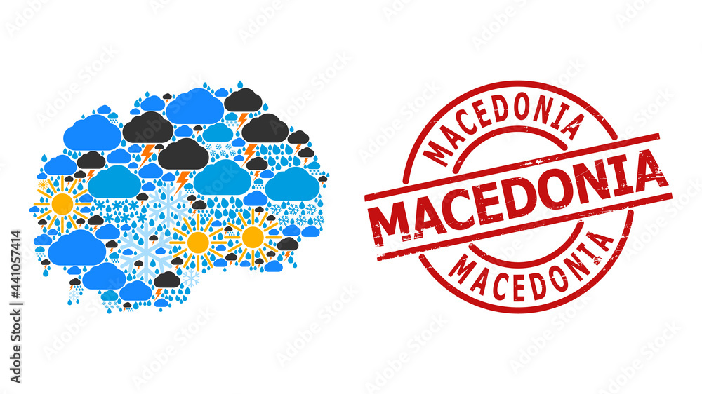 Climate collage map of Macedonia, and scratched red round stamp seal ...