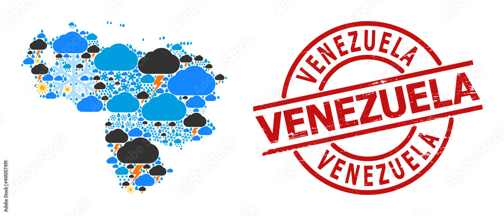 Climate mosaic map of Venezuela, and textured red round stamp seal ...