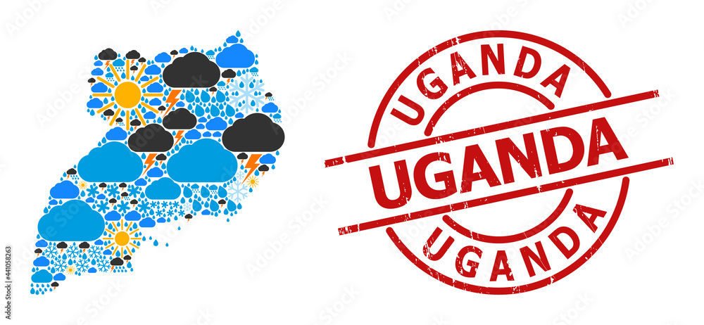Climate collage map of Uganda, and grunge red round stamp seal ...