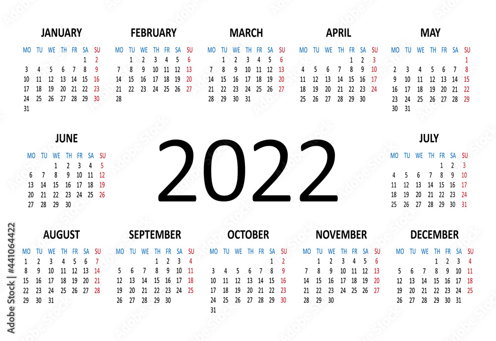 2022 year vector calendar. Week starts on Monday template. Abstract ...