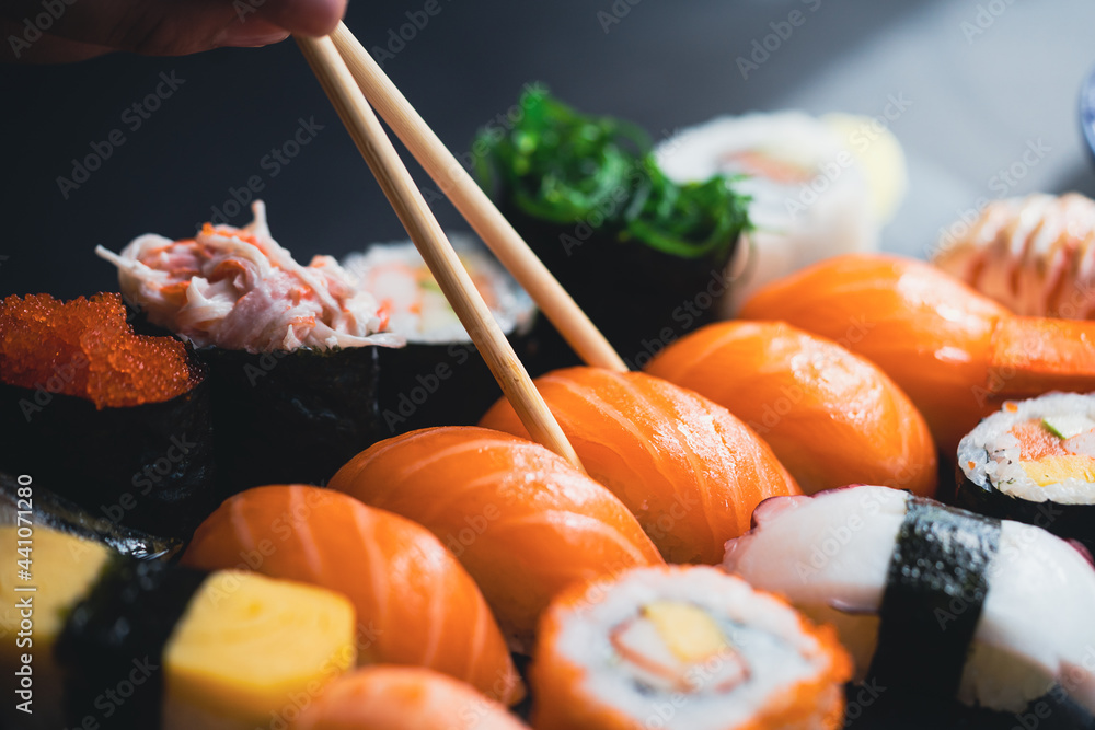 Salmon Sashimi in Japanese buffet restaurant menu.Fresh salmon sushi ...