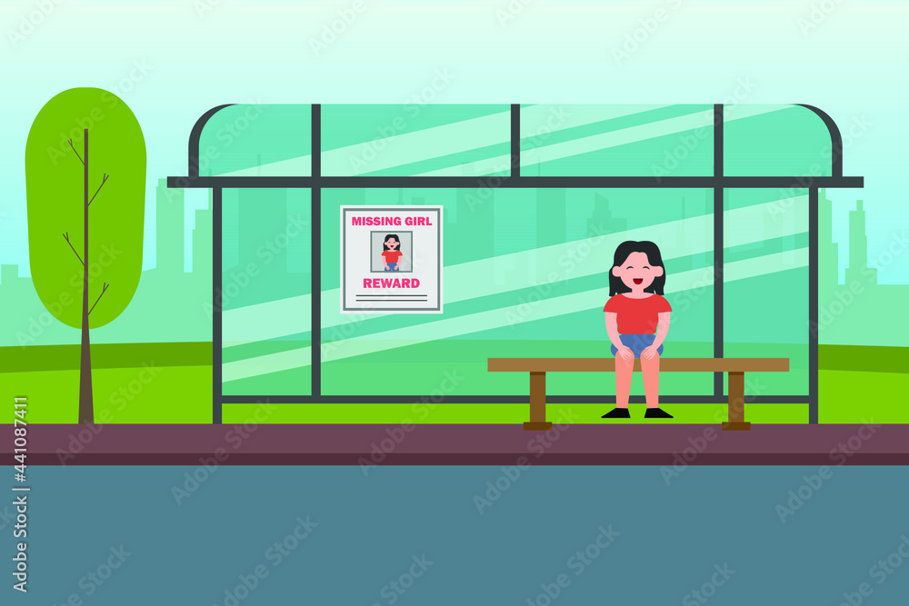 Missing child vector concept: Little girl sitting on the bus stop alone ...