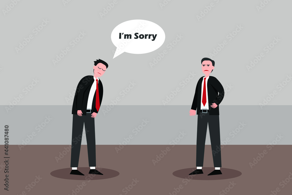 Asking forgiveness vector concept: Young businessman says sorry to his ...
