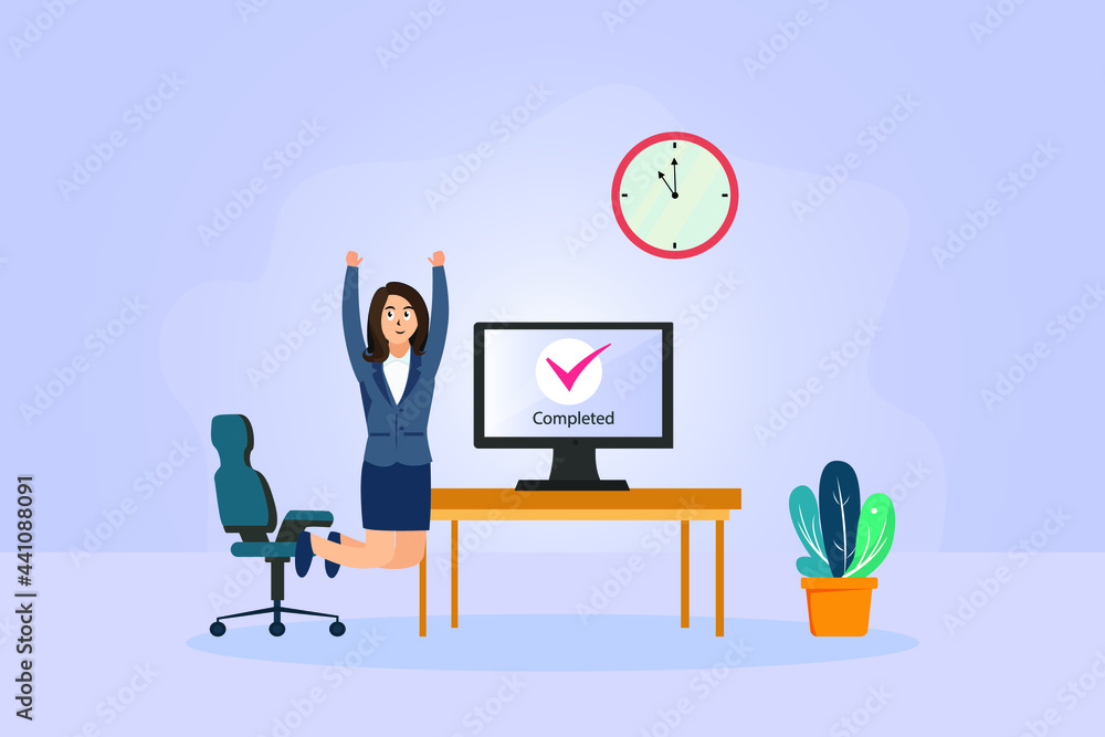 Completed vector concept. Happy businesswoman with completed task tick ...