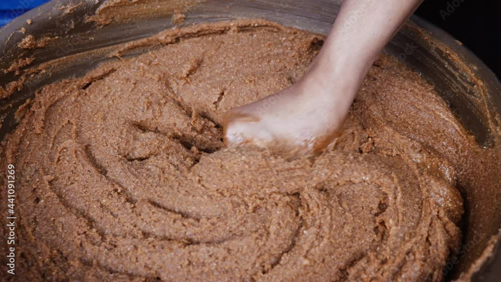 A Moroccan woman is kneading Argan paste, pulp. A step to extract oil ...