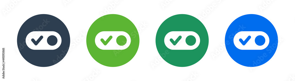 Toggle switch active icon with check mark symbol. Turn on mode sign ...