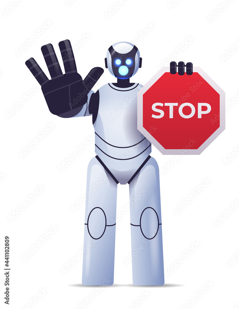 robot cyborg holding red stop sign robotic character showing no entry ...