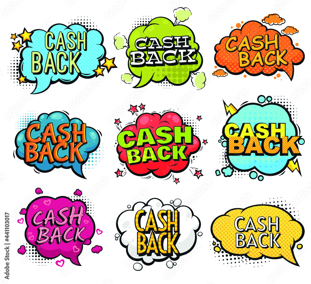 Cartoon comic set of icons with cash back text. Splash set. isolated on ...