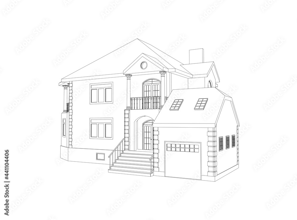 Vector wireframe perspective of luxury modern house exterior. 3D vector ...