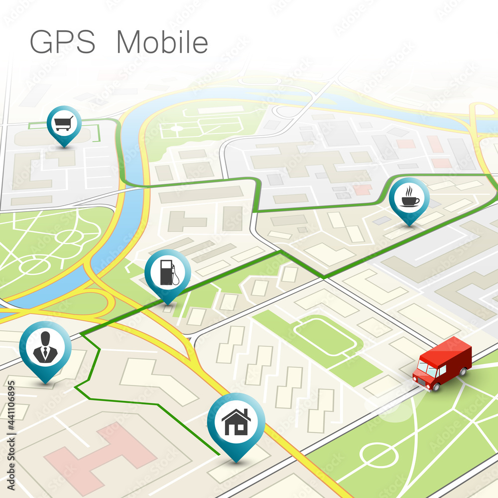 City map navigation route, point markers delivery van, isometry schema ...