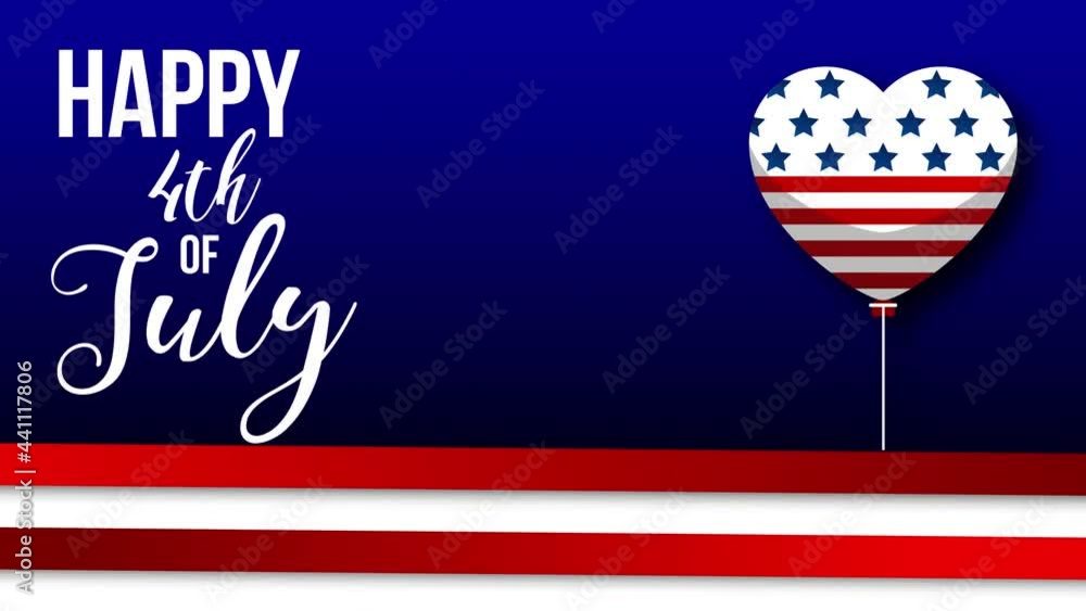 Happy 4th of July beautiful text animation with flying heart balloons ...