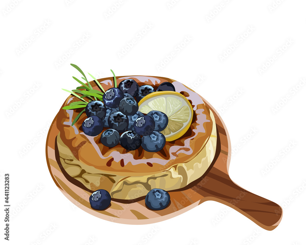 Isolated blueberry Japanese chiffon cake on a wooden plate with white ...