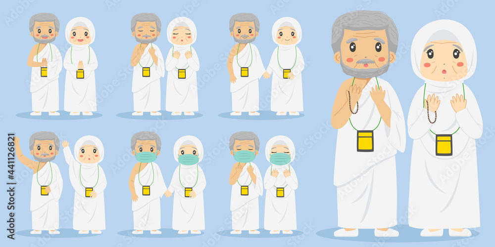 set of cute Muslim grandparents in white ihram clothes. Elderly Muslim ...