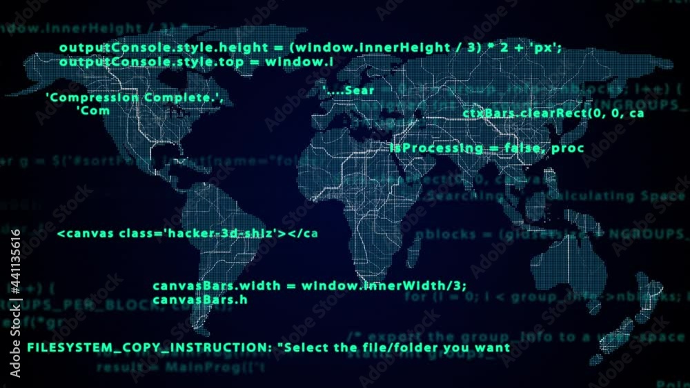 Software Source Code Seamless Loop Animation World Map Network And Programming Code Abstract
