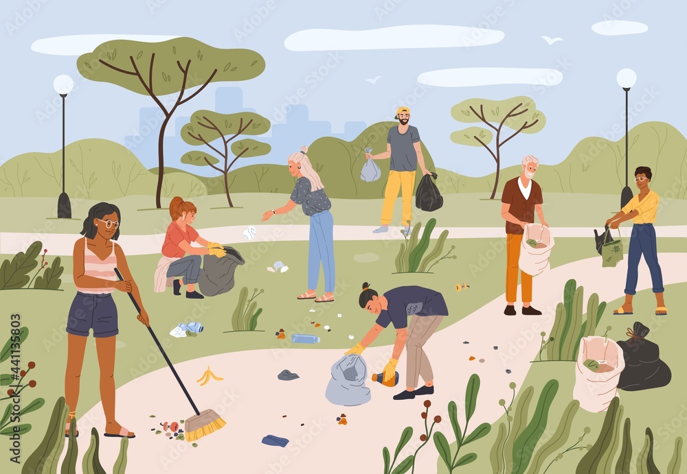 Vetor do Stock: People collecting garbage in city park. Men and women ...