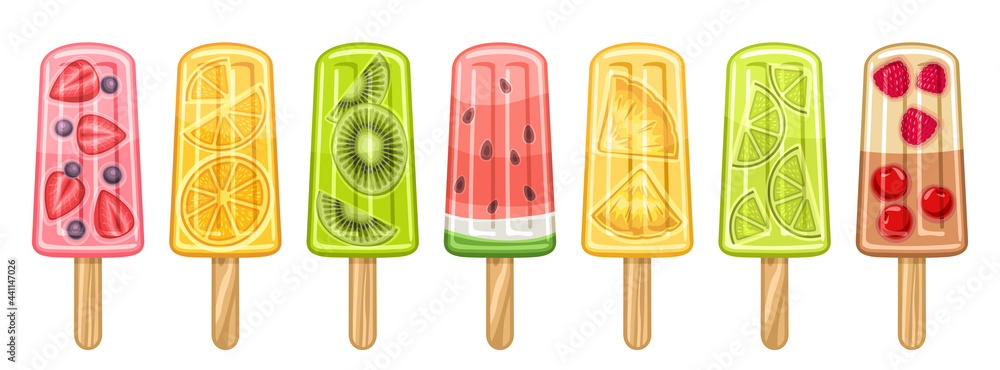 Vector set of Fruit Popsicle, lot collection of 7 cut out illustrations ...