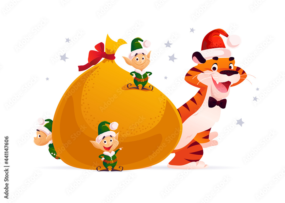 Merry Christmas illustration with little Santa elves, tiger character ...