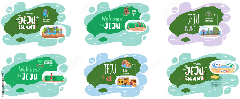 Welcome to Jeju beautiful island, tourist travel promotion posters set ...