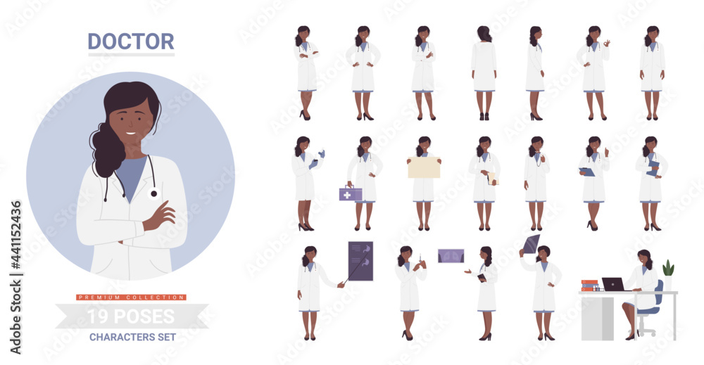 African american black doctor woman poses vector illustration set ...
