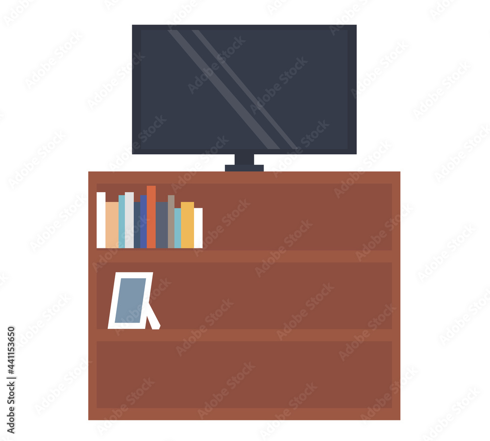 TV on wooden stand. Cheast of drawers for TV vector illustration ...