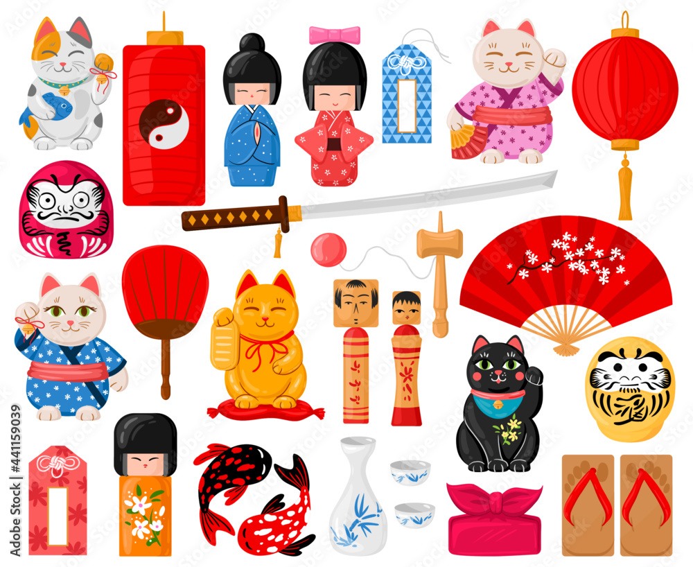 Cartoon japanese symbols. Oriental traditional toys, maneki neko ...