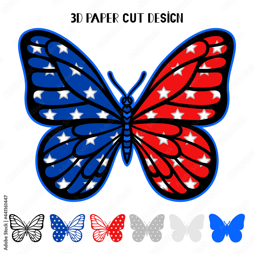 4th of July 3D Butterfly with USA flag. Independence Day. Vector ...