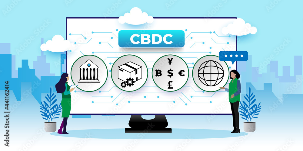 CBDC. Central bank digital currency concept with icons. Cartoon Vector ...