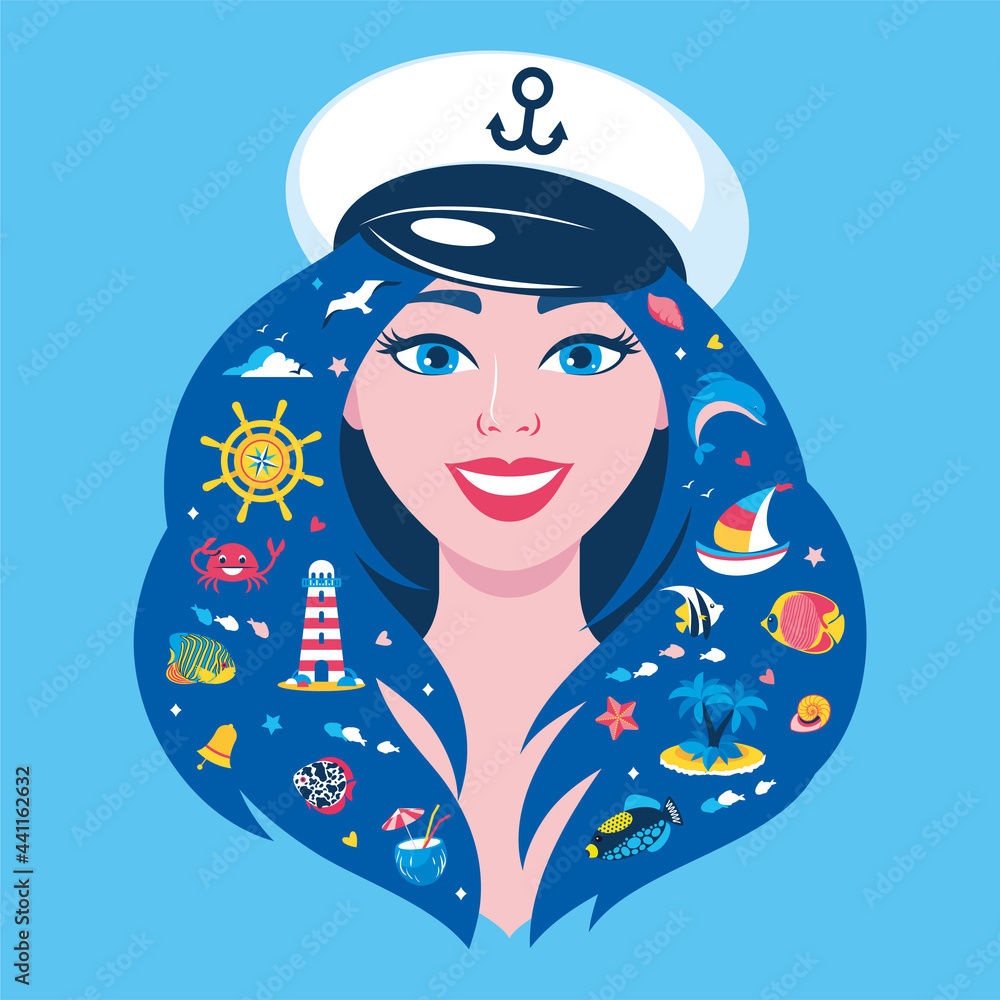 Sailor girl portrait, woman captain. The image of the sea, adventure ...