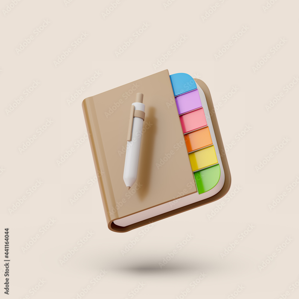 Brown Note book with colored labels and pen on pastel background ...
