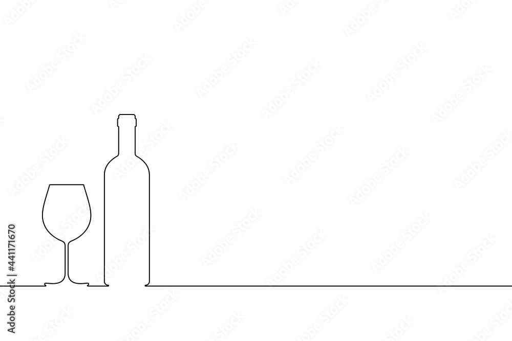 Wine bottle and wine glass outline on the table. Symbol tasting or ...