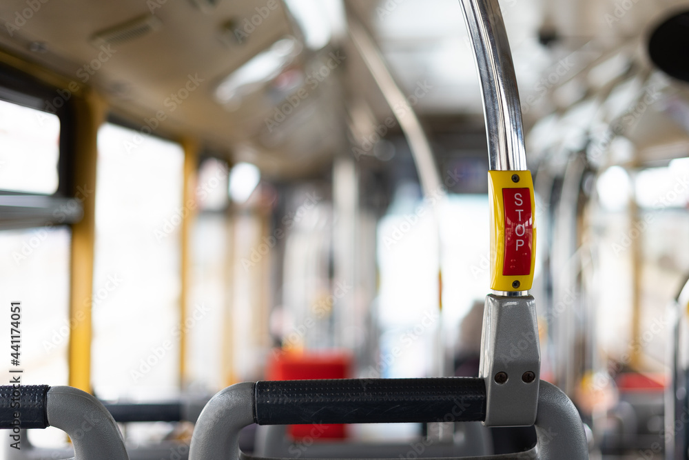 Bus Interior In Circulation With The Stop Button In The Foreground On A ...